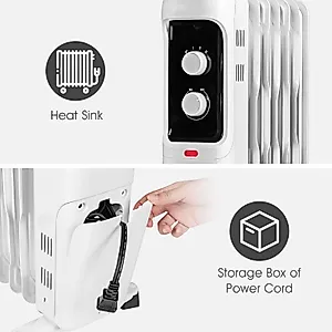 GOFLAME 1500W Oil Filled Radiator Heater, Electric Space Heater with 3 Heating Modes, Adjustable Thermostat, Tip-Over & Overheat Protection, Powerful Oil Heater for Home and Office, White
