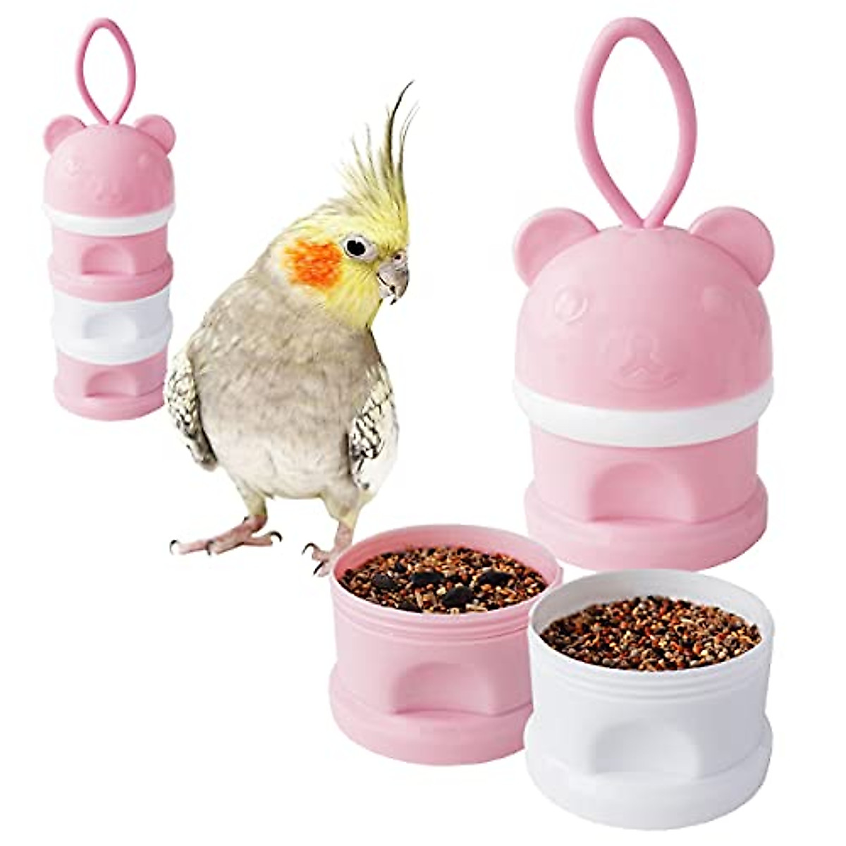 Portable Bird Feeder Cups Bird Food Water Treat Box Parrot Food Storage Container，Pet Travel Feeder(Pink)