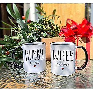 Hubby & Wifey Est 2023 Coffee Mugs Set of 2, Bride Groom Mug Set, Wedding Gift to Give, Couples Coffee Mug Set, Newlywed Coffee Mugs Gift Set, Mr & Mrs Bridal Shower Gift(Black handle)-37