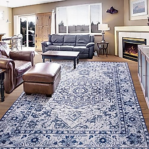 OHWPEAT 5x7 Feet Boho Vintage Living Room Area Rug, Lightweight Non-Shedding Carpet, Hardwearing Stain-Resistant Machine Washable, Non-Slip Rug for Bedroom Office Dining Room Kids Room, Blue Rugs