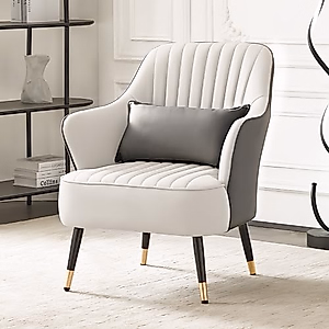 MoNiBloom Accent Upholstered Chair for Living Room Bedroom, Mid-Century Modern Leatheraire Sofa Chair Reading Chair w/Lumbar Pillow for Reading, Metal Legs White/Gray Contrasting Colors Comfy Chair