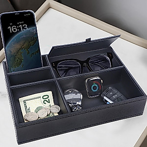 Zcaukya Men's Valet Tray, Jewelry Box Nightstand Organizer with 5 Compartments for Phone Keys Wallet Watch Glasses, Faux Leather Dresser Entryway Catchall Holder for Father's Day Gift (Black)