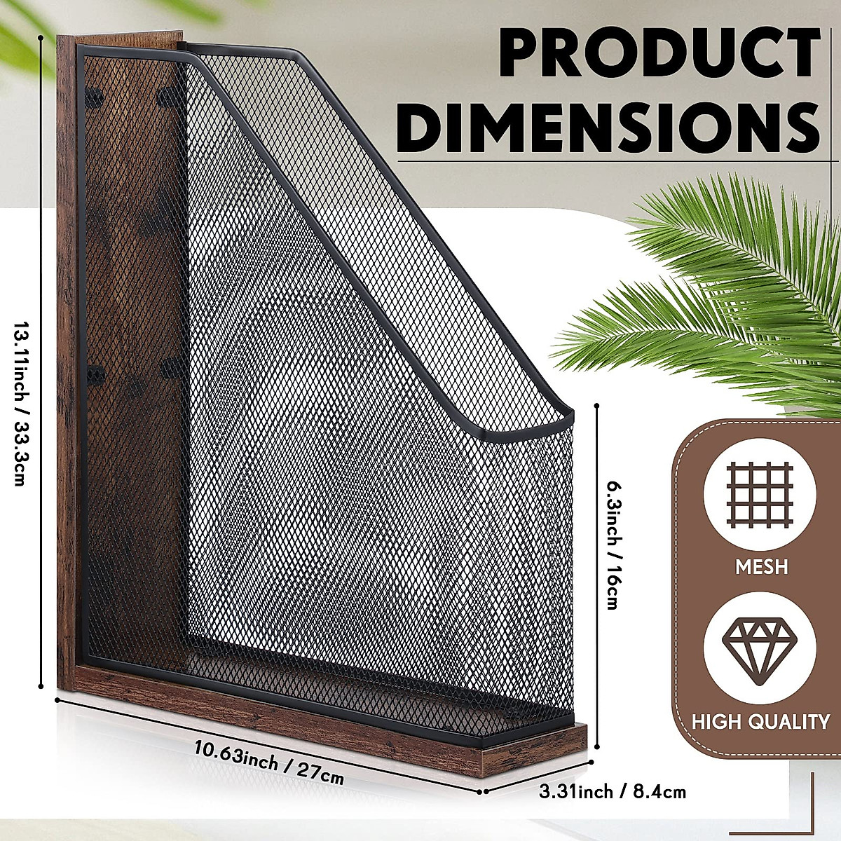 Perkoop 2 Pcs Mesh Magazine File Holder Metal Wooden Magazine File Holder Antique Mesh Wire File Organizer Desktop Magazine Rack Metal Desk Organizer for Document Folder School Office File Storage