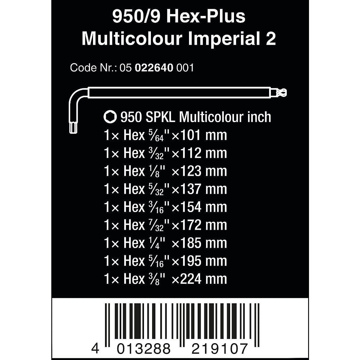 Wera 05022640001 950/9 Hex-Plus Multicolour Imperial 2 L-Key Set, Imperial, BlackLaser, 9 Pieces