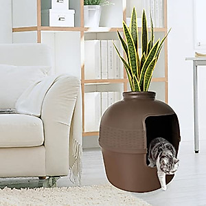 Hawsaiy Hidden Litter Box Enclosure, Plant Cat Litter Box Furniture Includes Faux Plant and Real Stones, Replaceable for Real Flowers Brown