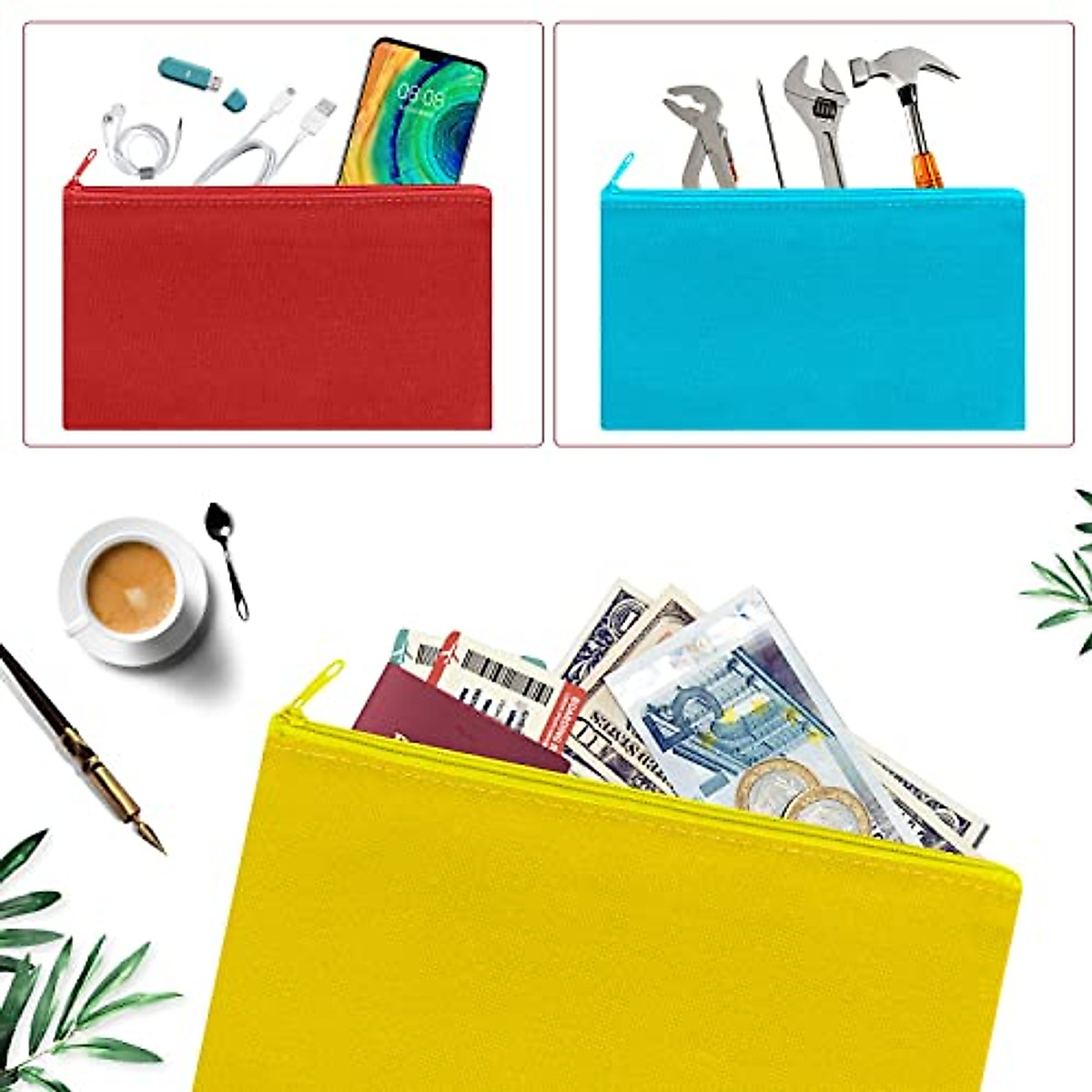 Sinzip 12 Pieces Cotton Canvas Makeup Bag, Multipurpose Cosmetic Bag with Zipper Travel Toiletry Pouch, Blank DIY Craft Bag Pencil Bag (Multicolored A, M)