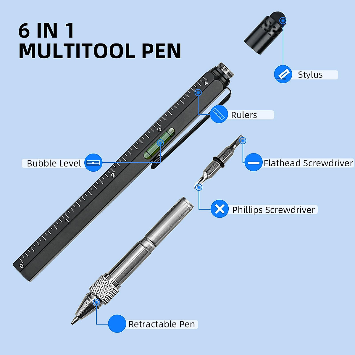 Multitool Pen Cool Gadgets Tools, Gifts for Men Dad Him Birthday Father's Day, Tactical Pen with Stylus, Level, Rulers, Screwdrivers, Boyfriend Husband Carpenter Gift Accessories(Black)