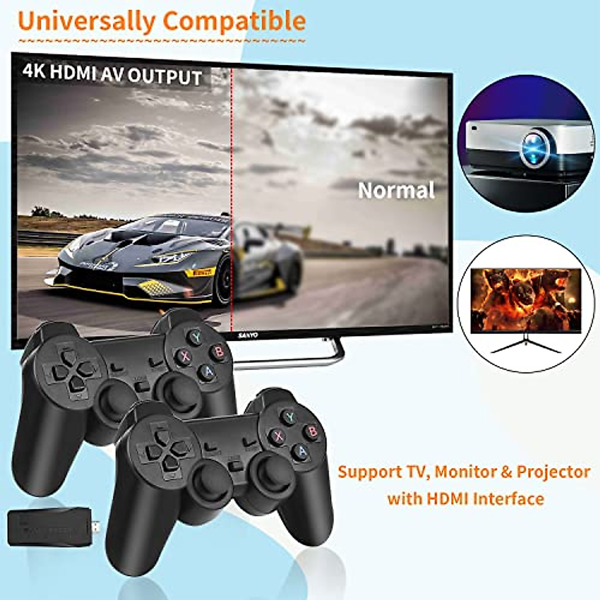 FUNTELL Wireless Retro Game Console, Plug & Play Video TV Game Stick With 10000+ Games Built-in, 64G, 9 Emulators, 4K HDMI Output for TV with Dual 2.4G Wireless Controllers