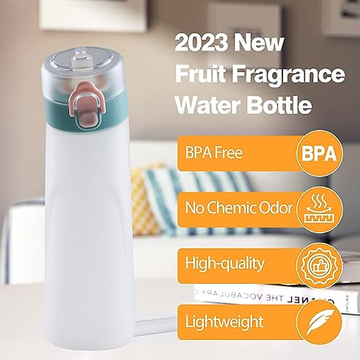 Sports Airs Water Bottle BPA Free,650ml Starter up Set Drinking Bottles with 3 Fruit Flavour Pods Scented For Flavouring 0 Sugar, 0 Calorie (White)