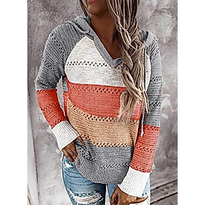 BLENCOT Women's Fall Hoodies Color Block Pullover Sweaters Warm Casual Loose Knitted Hooded Sweatshirts Tops Clothing Gray XL
