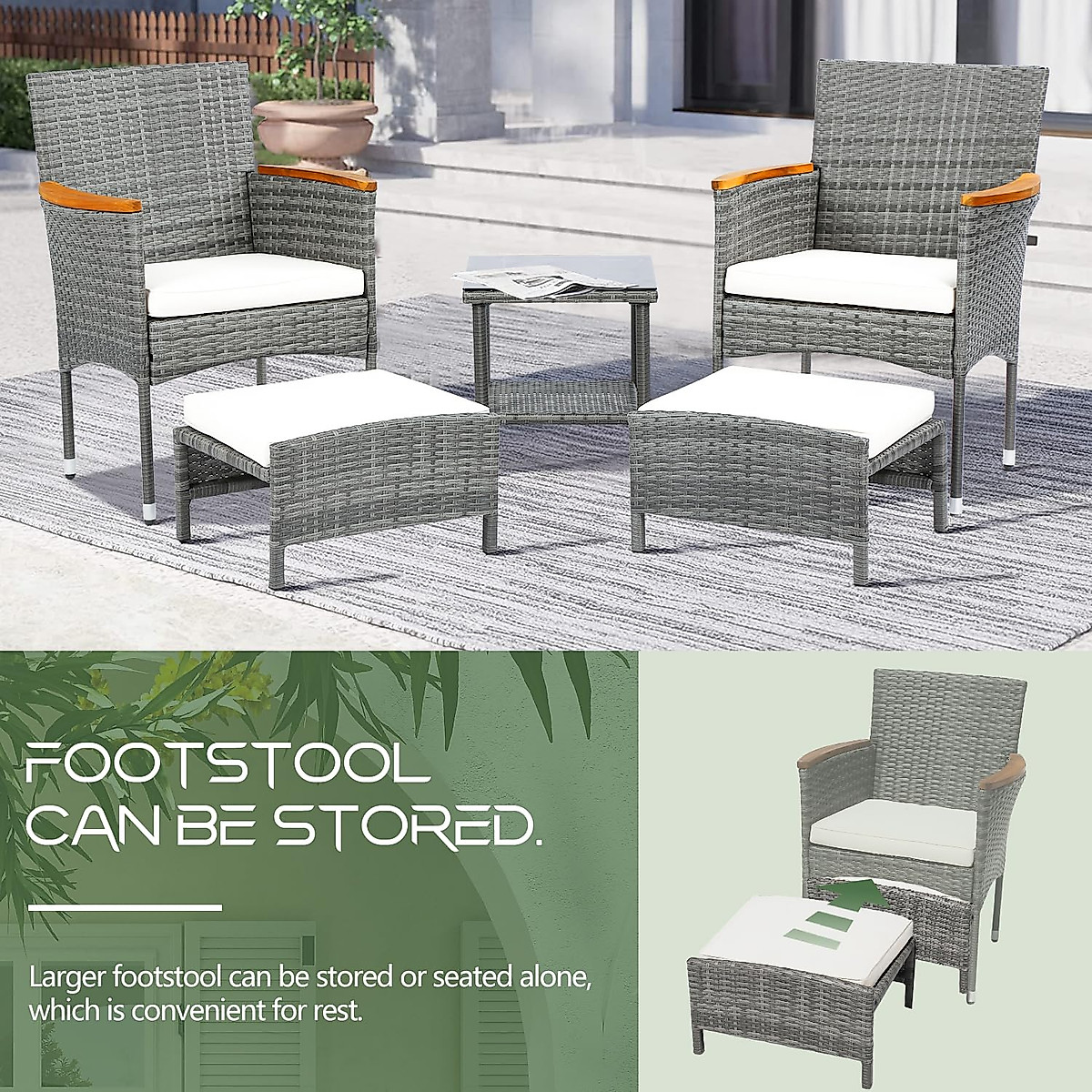 YEEFY Outdoor Patio Furniture Set with Table & Ottoman 5 Piece Patio Conversation Sets Wicker Patio Set for 2 Outdoor Furniture Sets for Yard Backyard Lawn Porch Poolside Balcony, Grey