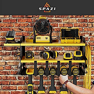 SPAZI Power Tool Organizer Wall Mount (25.5'' Lx9'' Wx12'' H) Storage Rack with Drill Holder, Tray, & 4 Magnetic Hooks - Steel Cordless -Garage w/ 2 Shelves, Black Yellow