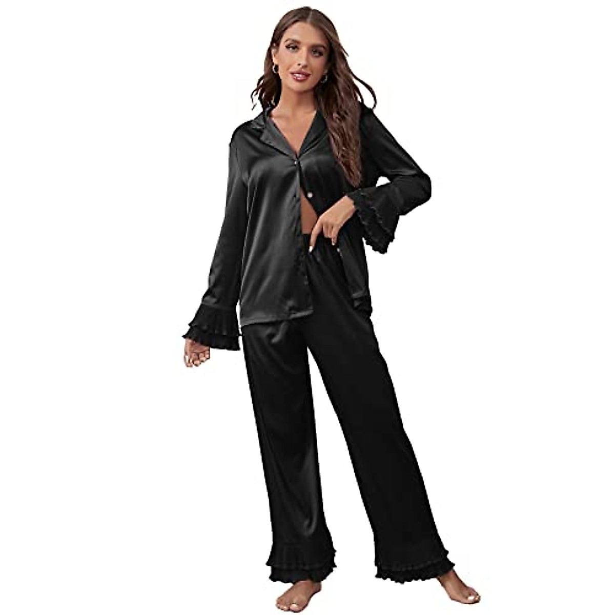 Verdusa Women's Satin Notch Collar Blouse and Ruffle Hem Pants PJ Set Black M
