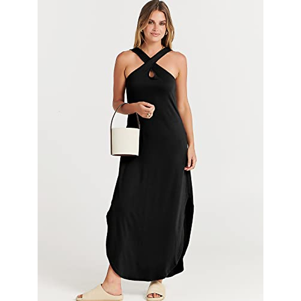 ANRABESS Women's Casual Loose Sleeveless Beach Dress Criss Cross Slit Maxi Sun Dresses 2023 Fashion Vacation Outfits Summer Clothes Resort Cruise Wear A453heise-XL Black