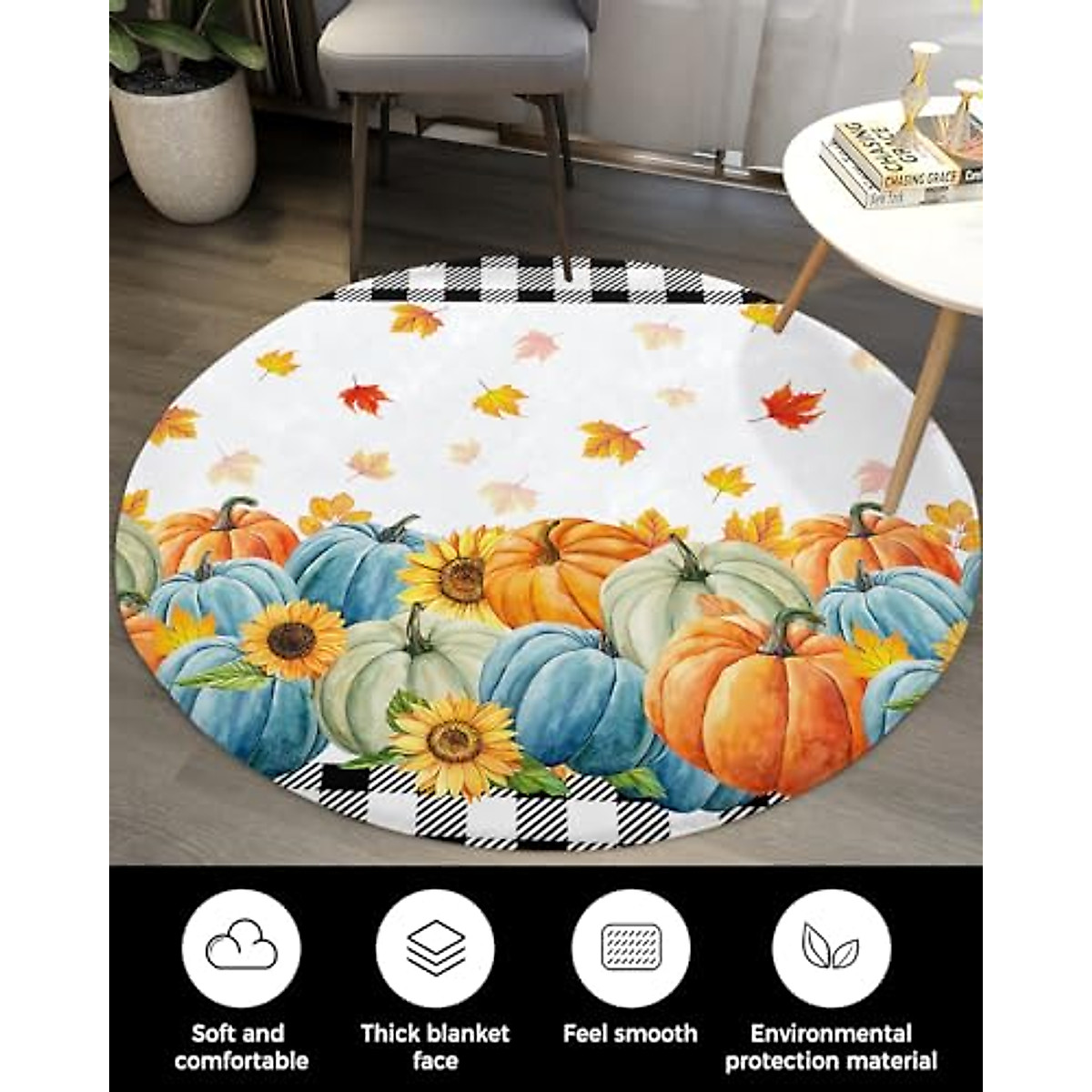 Autumn Pumpkin Fluffy Round Area Rug Carpets 5ft, Plush Shaggy Carpet Soft Circular Rugs, Non-Slip Fuzzy Accent Floor Mat for Living Room Bedroom Nursery Home Decor Thanksgiving Fall Plaid Leaves