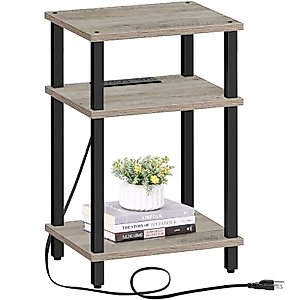 TUTOTAK End Table with Charging Station, Side Table with USB Ports and Outlets, Nightstand, 3-Tier Storage Shelf, Sofa Table for Small Space TB01BG042