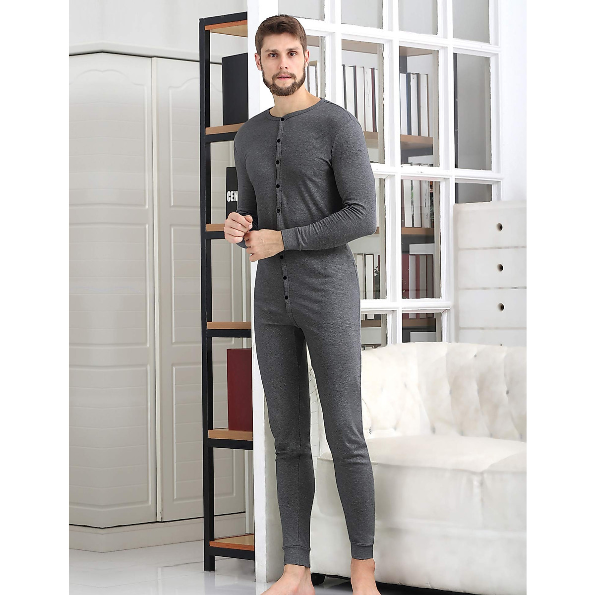 COLORFULLEAF Men's Cotton Thermal Underwear Henley Union Suits Onesies Base Layer (Dark Grey, M)