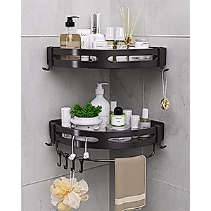 XQIGI Corner Bathroom Shower Shelf No Drill shower caddy Wall Mounted Shampoo Holder 2 Pack with Hooks Caddy Triangle Storage Shelves 2 Tier Bathroom organizer Kitchen Storage Basket (Black)