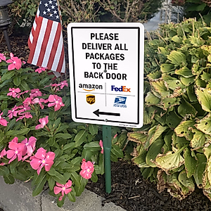 SmartSign 10 x 7 inch “Please Deliver All Packages To The Back Door” Left Arrow Yard Sign, 40 mil Laminated Rustproof Aluminum, 21.5 inch Tall Sign & Stake Kit, Multicolor, Made in USA