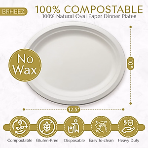 brheez Disposable Oval Paper Dinner Plates (25pk) Heavy Duty Better Than Paper Plates (10"x12.5") Natural, Compostable Disposable Platters, Large Oval Paper Plates-Heavy Duty