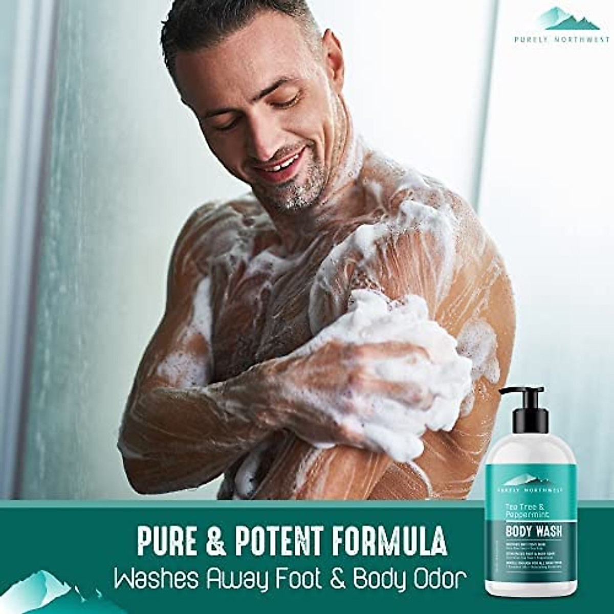 Tea Tree & Peppermint Foot & Body Wash | Great for Excess Sweating & Body Odor, Soothes Burning & Itching from Skin Irritations, Chafing, Jock Itch & Athletes Foot| Shower Gel for Women / Men/Teens-by Purely Northwest 9 OZ (2 PACK)