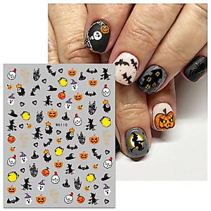 JMEOWIO 8 Sheets Cute Halloween Nail Art Stickers Decals Self-Adhesive Pegatinas Uñas Horror Skull Pumpkin Ghost Witchy Spider Web Bat Spook Nail Supplies Nail Art Design Decoration Accessories