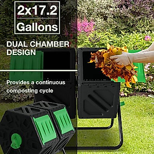 LUCKYERMORE Dual Chamber Tumbling Composter, 2-17.2 Gallon Outdoor Rotating Compost Tumbler Bin with 2 Sliding Doors and Lockable Brake for Garden Yard
