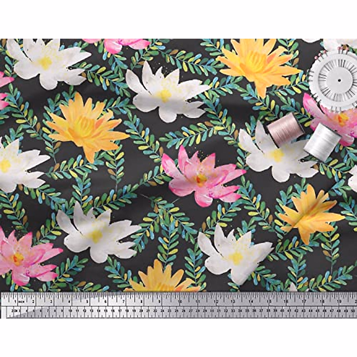 Soimoi Black Cotton Canvas Fabric Leaves & Water Lily Floral Print Print Fabric by The Yard 44 Inch Wide