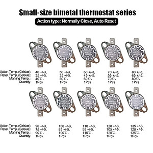 Hilitchi KSD301 20Pcs NO and NC Thermostat Temperature Thermal Control Switch Auto Reset 40C to 135C Thermal Control Switch Assortment Kit with Bimetal Disc. for Household Electric Appliances