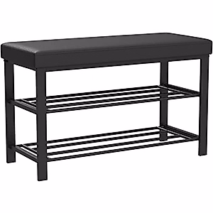 Finnhomy Entryway Shoe Rack with Cushioned Seat, 2 Shelves Storage Bench w/Faux Leather Top Bed Bench, Black