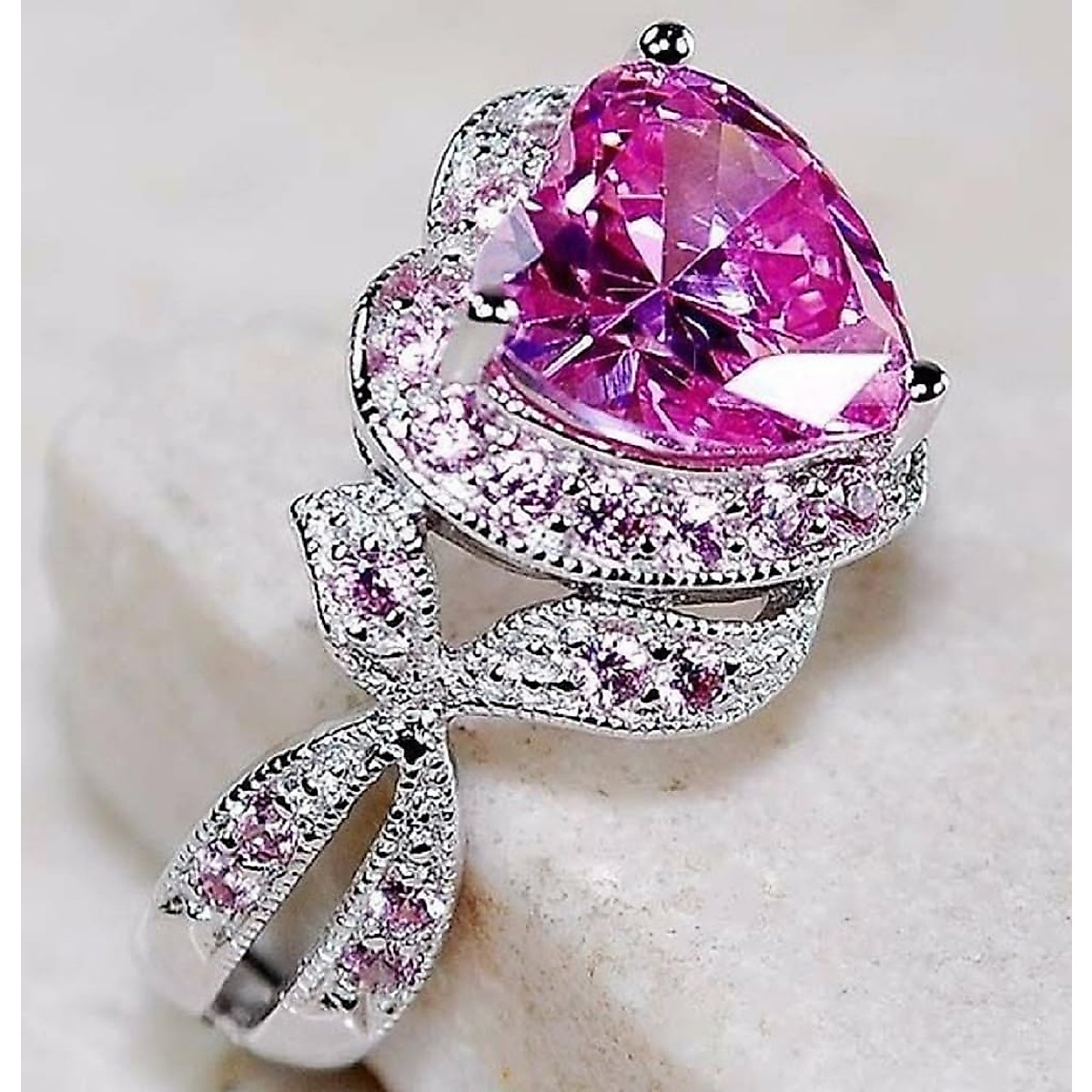 925 Sterling Silver Heart Shape Perfect Cut 3 Carat Pink Gemstone Rings Fashion Women's Pink Crystal Rings Cubic Zirconia Promise Love Halo Engagement Wedding Rings Women's Eternity Rings 560 (7)