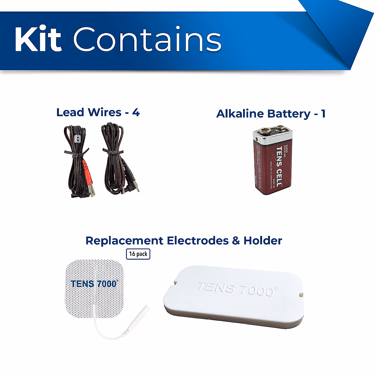 TENS 7000 TENS Pads Replacement, Battery Kit - Includes 16 Premium TENS Unit Replacement Pads, 4 Lead Wires, 9-Volt Replacement Battery, 1 Electrode Pad Holder For Stim Pads