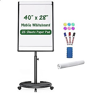 Mobile Whiteboard, Magnetic Dry Erase Board with Stand 40x28 inch, Height Adjustable Flipchart Easel Movable Rolling Stand White Board on Wheels with Dry Erase Markers, Magnets, Eraser (Black)