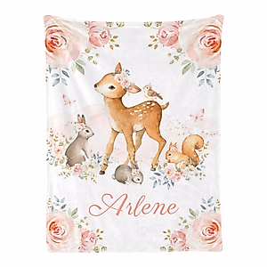 Yeshop Deer Bunny Floral Pink Woodland Personalized Receiving Baby Blankets for Girls Boys with Name,Customized Swaddle Blankets Gift for Newborn Crib Infants 30x40 Inches