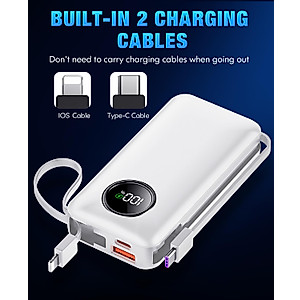 Portable-Charger-Power-Bank - 15000mAh PD 30W Power Bank, Built in Type-C(30W) and iOS(20W) Output Cables LED Display for iPhone and Android Phones and Most Electronic Devices(White)