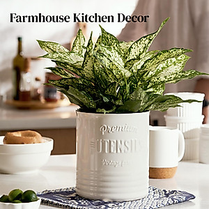 DOWAN Kitchen Utensil Holder, 7.2″ Extra-Large Ceramic Stable Utensil Caddy, Rustic Cooking Utensil Crock for Farmhouse Kitchen Décor with Countertop-Protection Cork Bottom, Counter Utensil Organizer