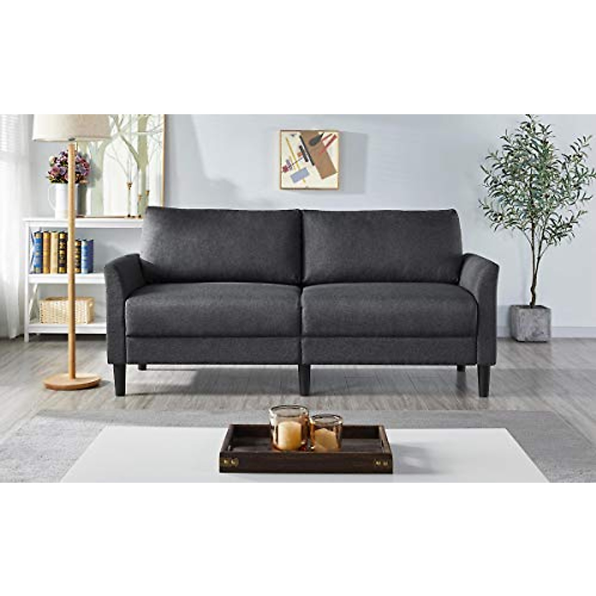 Topeakmart Mid-Century Sofa Couch Loveseat 2 Pillowed Back Cushions Flared Arms Sofa Upholstered Linen Fabric Couch Gray