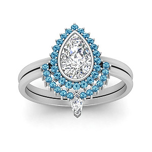 55Carat Bezel Pear Shape Halo Diamond Wedding Ring Set Sterling Silver Natural Blue Topaz Pear Shape Blue Color Wedding Ring Sets Prong Setting in Size 7 Handcraft Chakra Healing