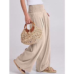 ANRABESS Women Linen Palazzo Pants Summer Boho Wide Leg High Waist Casual Lounge Pant 2025 Beach Travel Vacation Outfits Almond Large