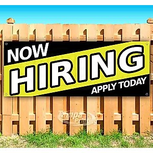Now Hiring Apply Today Banner 13 oz | Non-Fabric | Heavy-Duty Vinyl Single-Sided With Metal Grommets