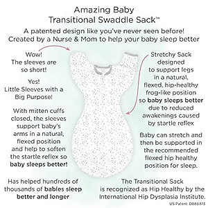 Amazing Baby Transitional Swaddle Sack with Arms Up Half-Length Sleeves and Mitten Cuffs, Tiny Elephants, Sterling, Medium, 3-6 months, 14-21 lbs (Better Sleep for Baby, Easy Swaddle Transition)