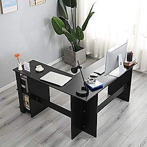 SogesHome Corner Desk L Shaped with Shelf Desk 51.2 x 51.2 inches Large Size Wood Computer Desk Home Office Desk L Desk, Black
