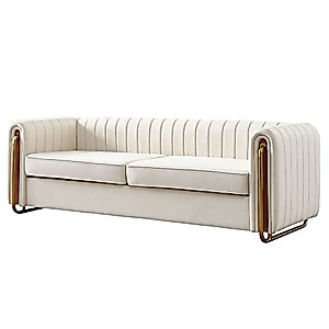 Contemporary Velvet Sofa Couch 84.25''W for Living Room - Modern Velvet Couch with Flared Arms and Removable Cushions, Living Room Furniture, Solid Wood Frame with Golden Legs - Beige