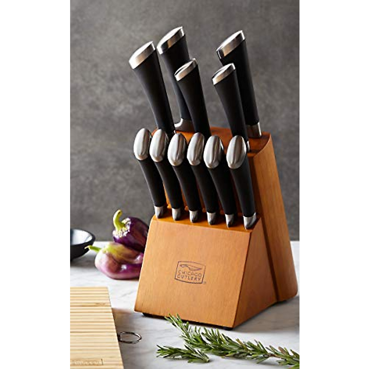 Chicago Cutlery Fusion 12 Piece Forged Premium Knife Block Set with Wooden Storage Block, Cushion-Grip Handles with Stainless Steel Blades, Kitchen Knife Set