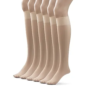Silky Toes Sheer Knee High Stockings for Women, 6 Pairs Nylon Trouser Socks, Nude, One Size