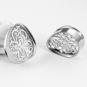 LADEMAYH 2 PCS Teardrop Double Flared Ear Plugs Tunnels Gauges For Women Stretched Silver Stainless Steel Ear Hangers Lightweight Body Piercing Jewelry Gauge: 00g(10mm)