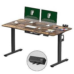 FLEXISPOT EN2 Whole-Piece Standing Desk with Clamp Power Strip, 55 x 28 Electric Stand Up Height Adjustable Desk with Cable Management (Black Frame + 55" Rustic Brown Desktop, 2 Packages)