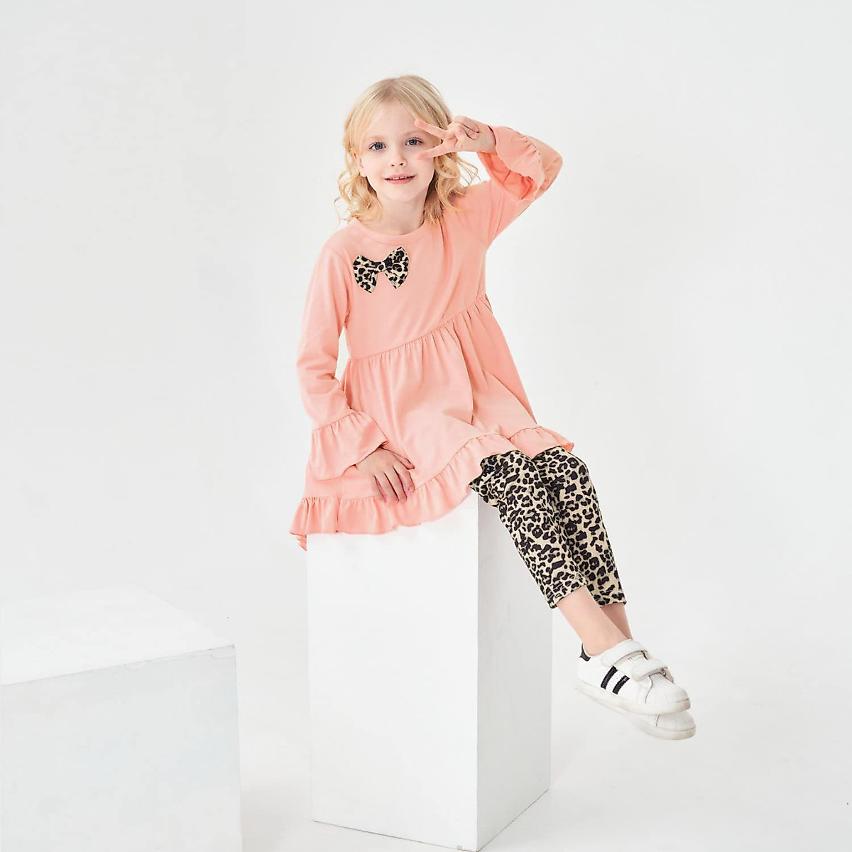 Axumity Kid Girls Clothes Ruffled Long-sleeve High Low Top with Bowknot + Leopard Print Pants 2-piece Winter Spring Girl Outfit Set(8-9t)