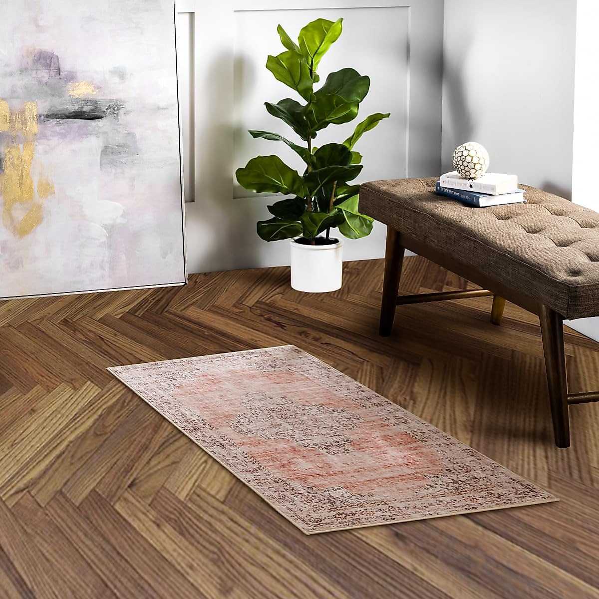 Alwoligag Washable Vintage Rug 2x3 Entrance Rug Non-Slip Indoor Doormat, Bedroom Kitchen Entrance Bathroom Boho Small Rugs (Pink Rug)