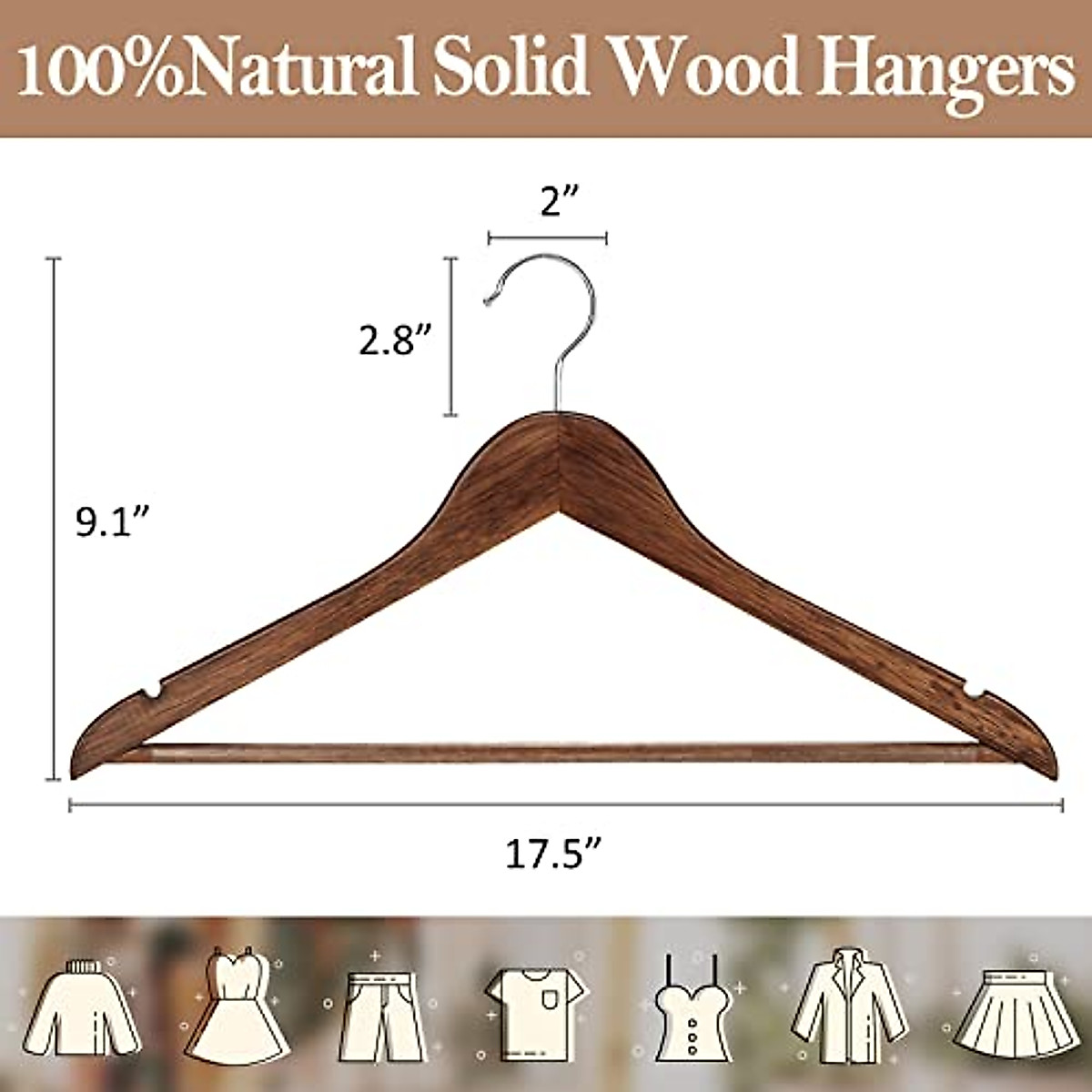 AMKUFO Wooden Hangers 20 Pack Wood Suit Hangers Non Slip Wooden Coat Hangers with Smooth Fnish Cut Notches 360° Swivel Hook Clothes Hangers for Jeans Pants Jackets Shirts Dresses, Walnut